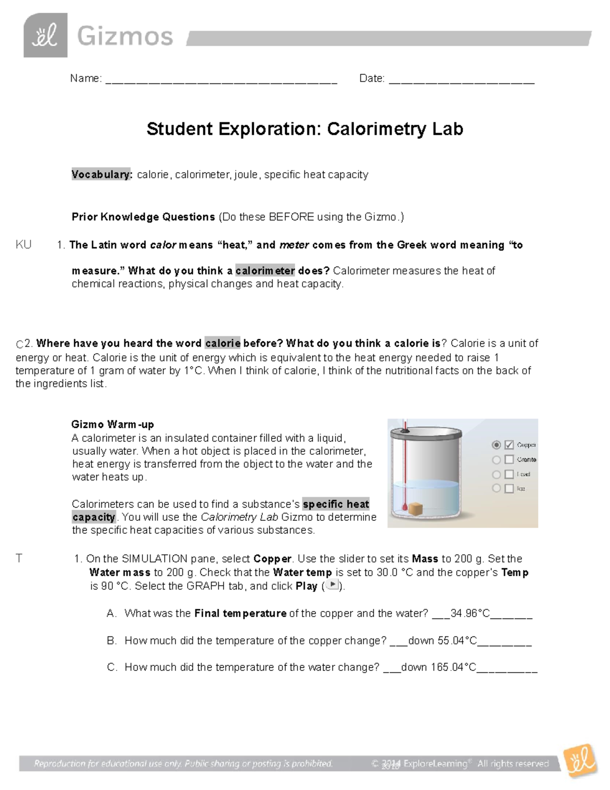 Calorimetry Lab - chem assignment - Name ...