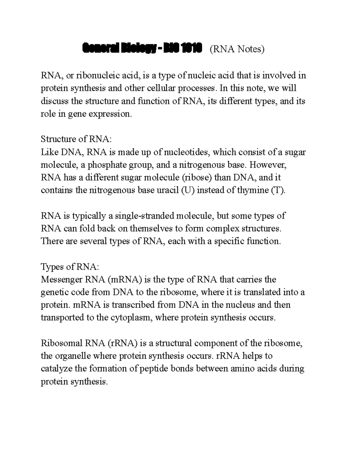 BIO - RNA Notes - rna - General Biology - BIO 1010 (RNA Notes) RNA, or ...