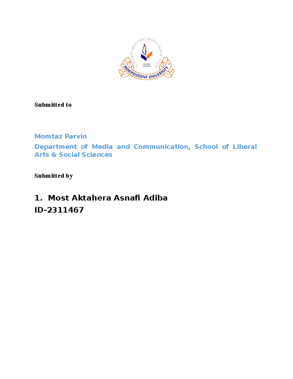 CMN Asnafi Adiba 2311467 - Submitted to Momtaz Parvin Department of ...