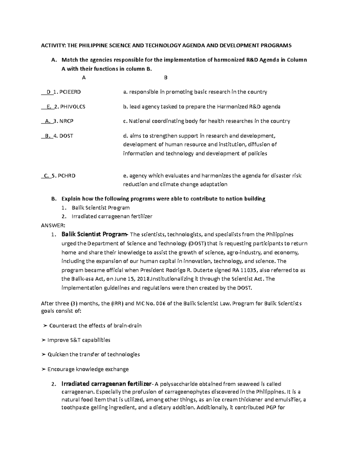 ACT. - Phil. Science Agenda - ACTIVITY: THE PHILIPPINE SCIENCE AND ...