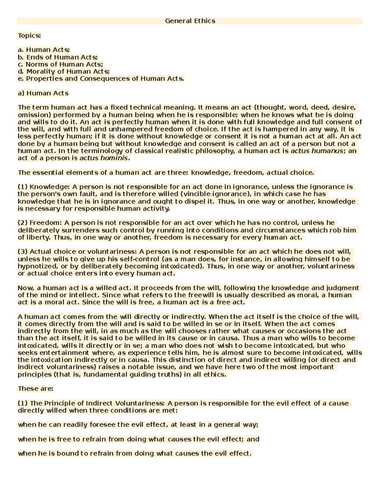 General Ethics Topics a Human Acts b End - General Ethics Topics: a ...