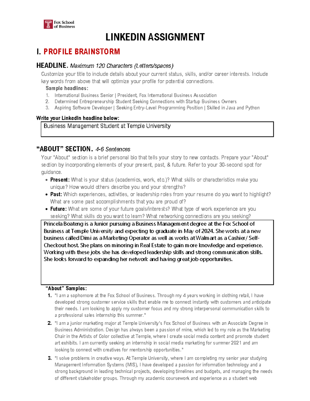 Linked In Assignment F217B-1 - LINKEDIN ASSIGNMENT I. PROFILE BRAINSTORM HEADLINE. Maximum 120 ...