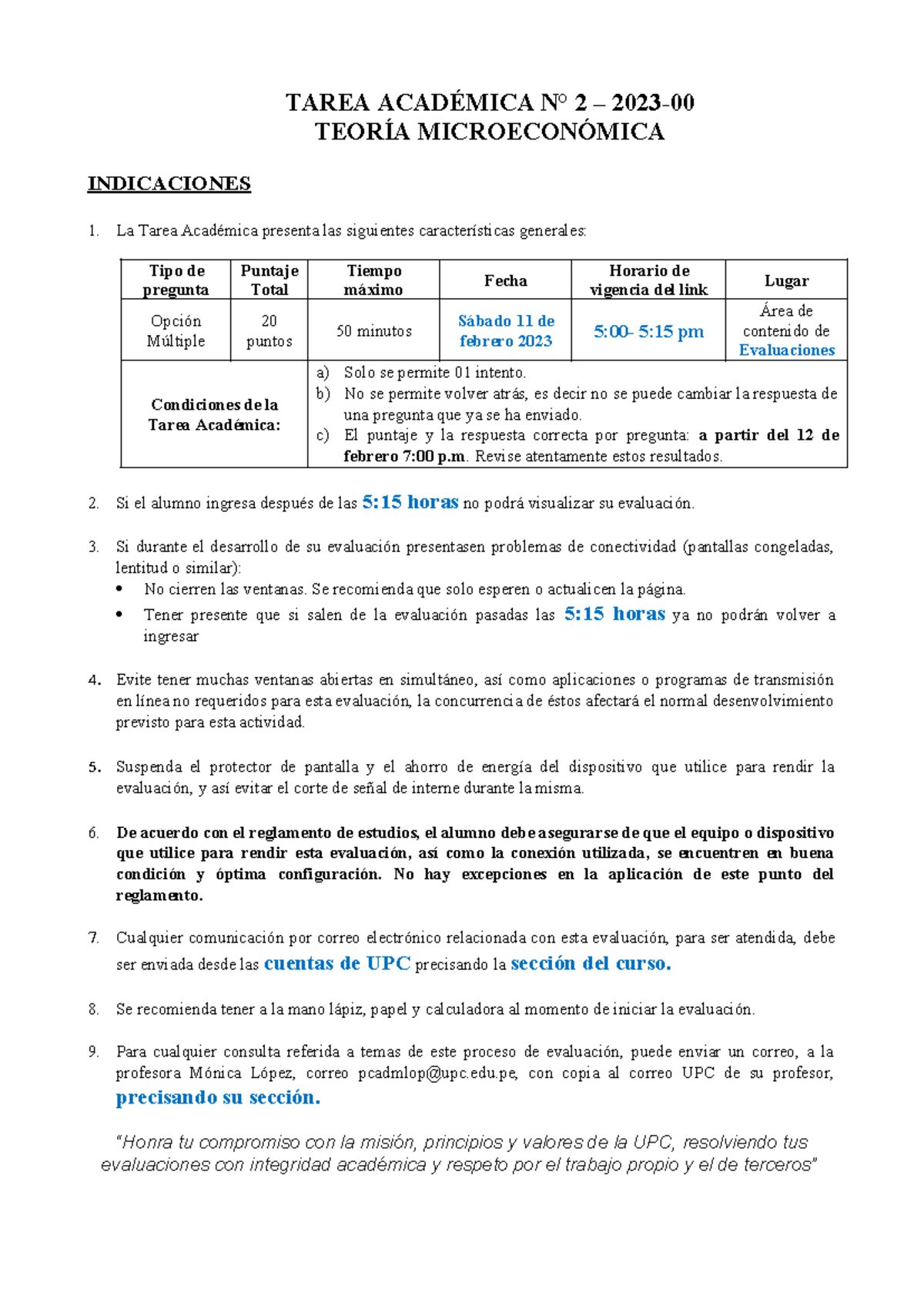 Indicaciones para la TA2 2023-0 - TAREA ACADÉMICA N° 2 – 2023- TEORÍA MICROECONÓMICA ...