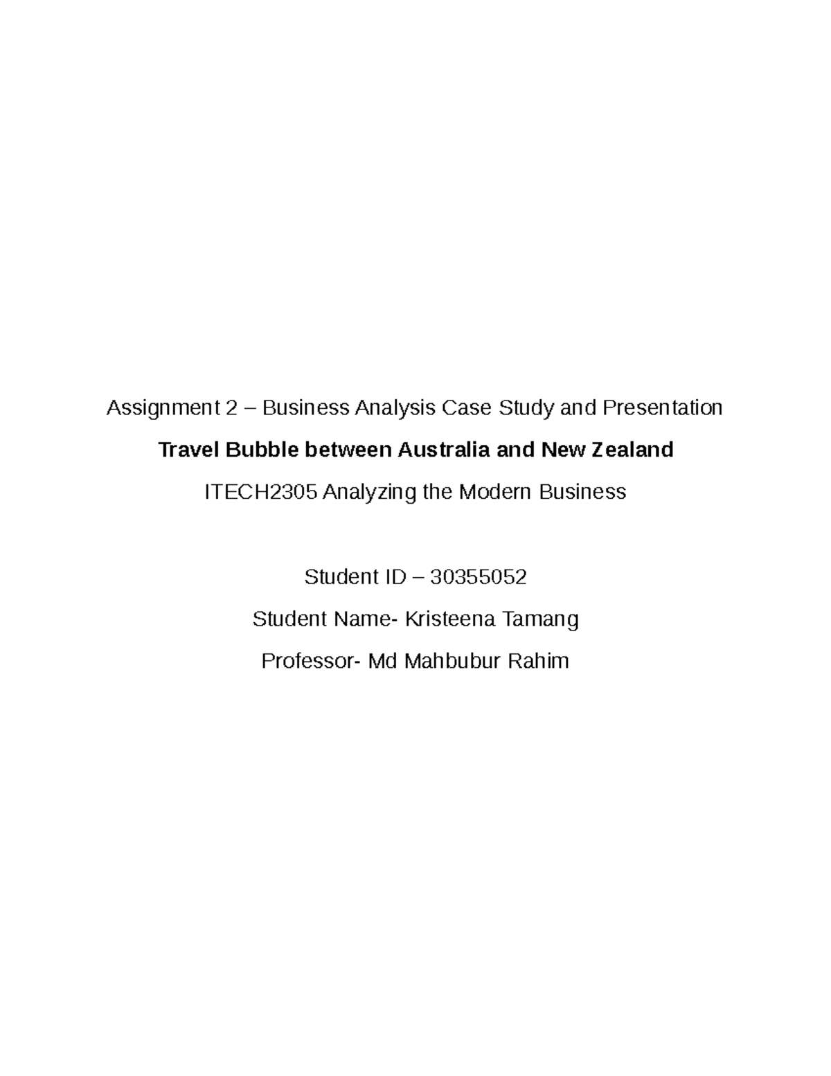 Itech 2305 Assignment 2 Travel bubble.docx - Assignment 2 – Business ...