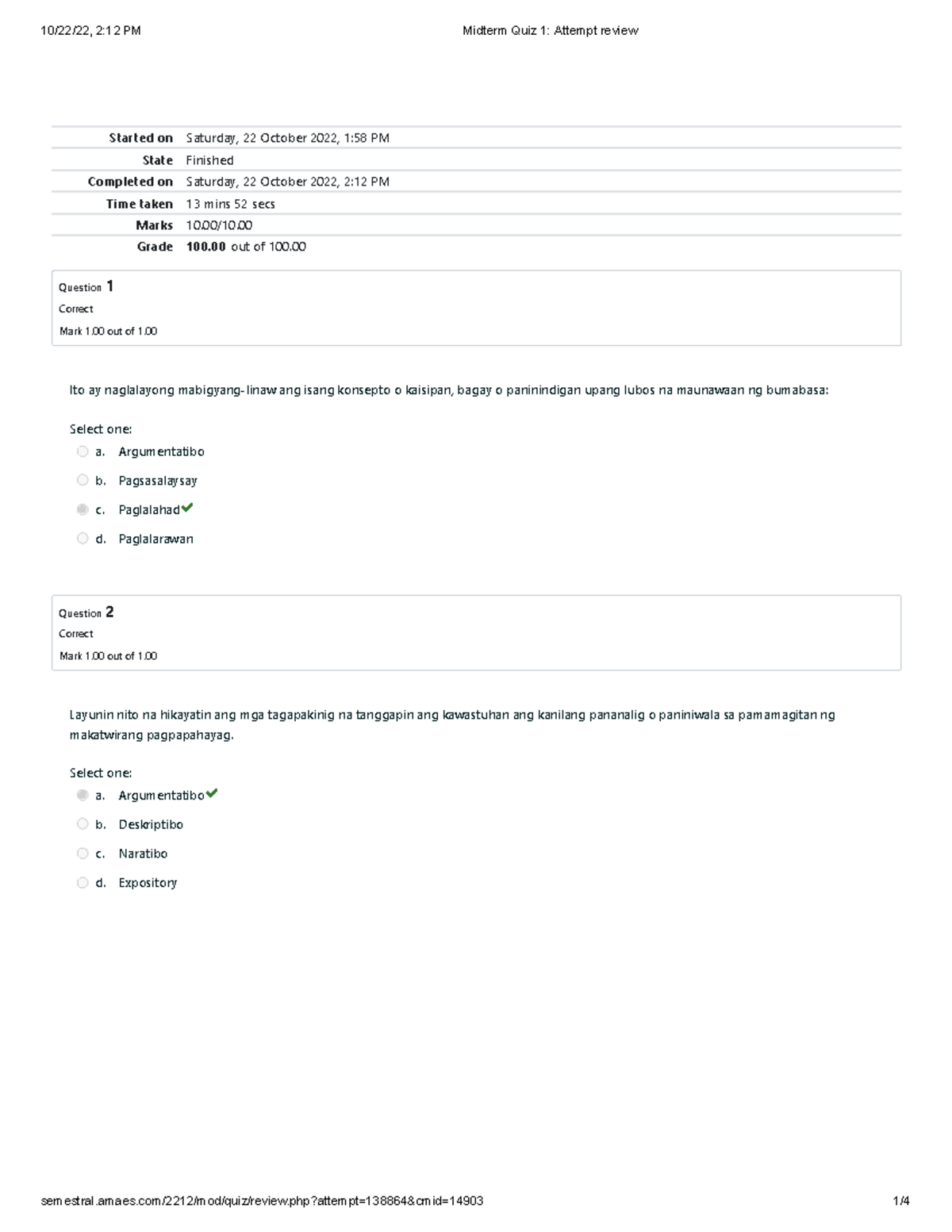 Midterm Quiz 1 Attempt review 2 - Started on Saturday, 22 October 2022, 1:58 PM State Finished ...