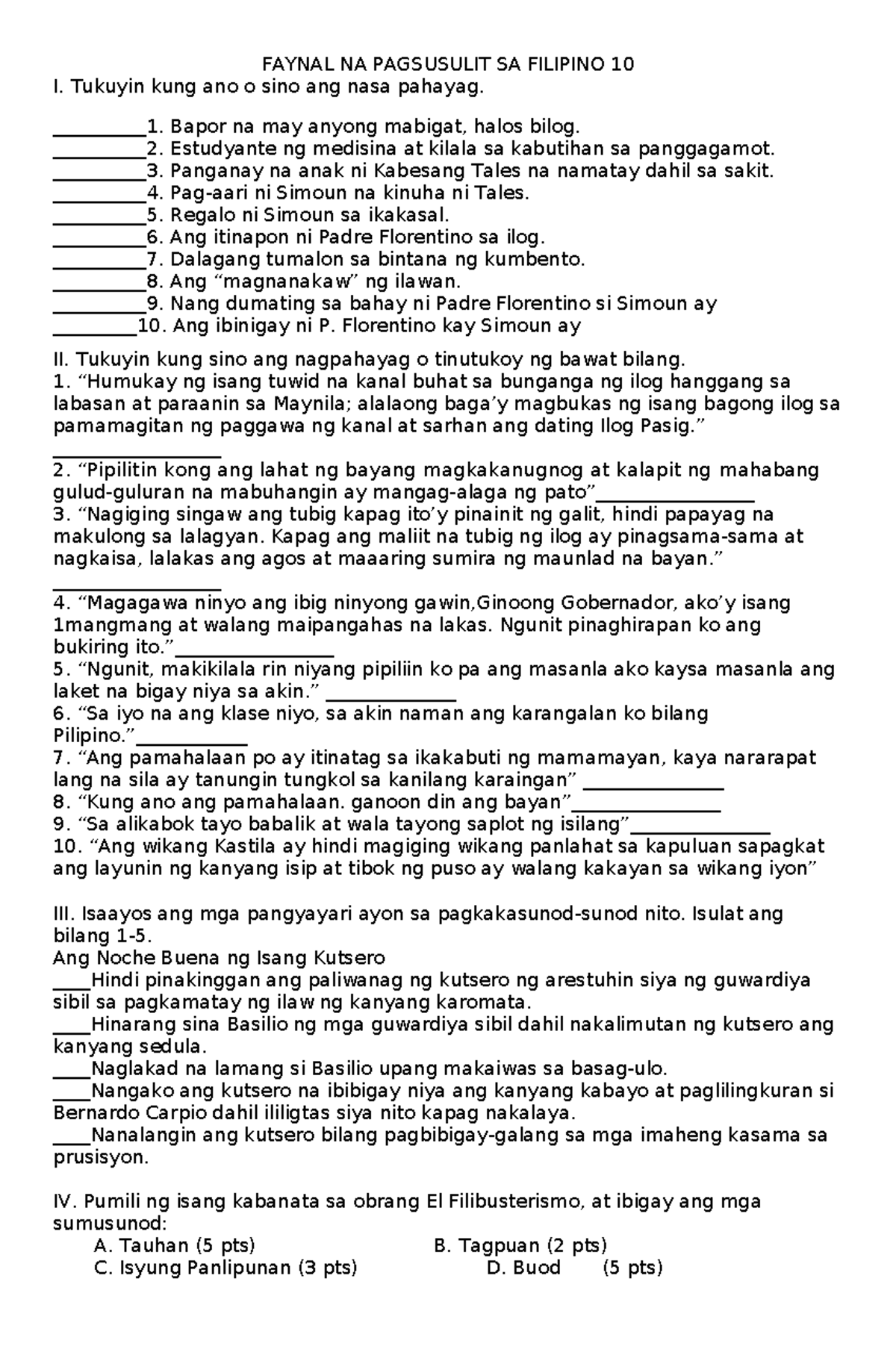 Final exams el fili - el filibusterismo - FAYNAL NA PAGSUSULIT SA ...