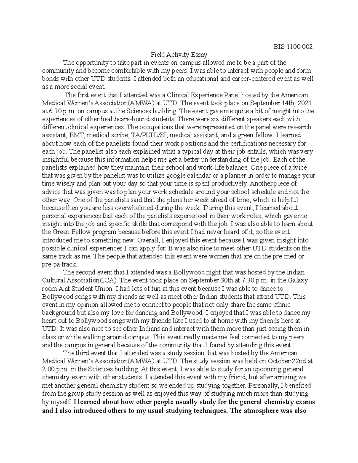 Field Activity Essay - BIS 1100. Field Activity Essay The opportunity ...