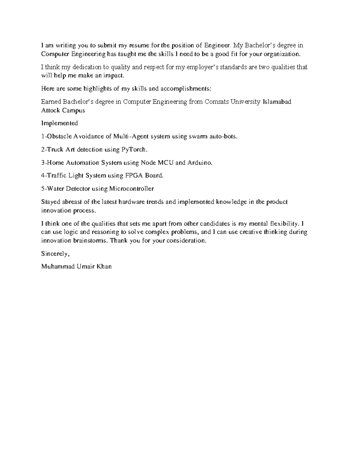Cover Letter - I am writing you to submit my resume for the position of ...