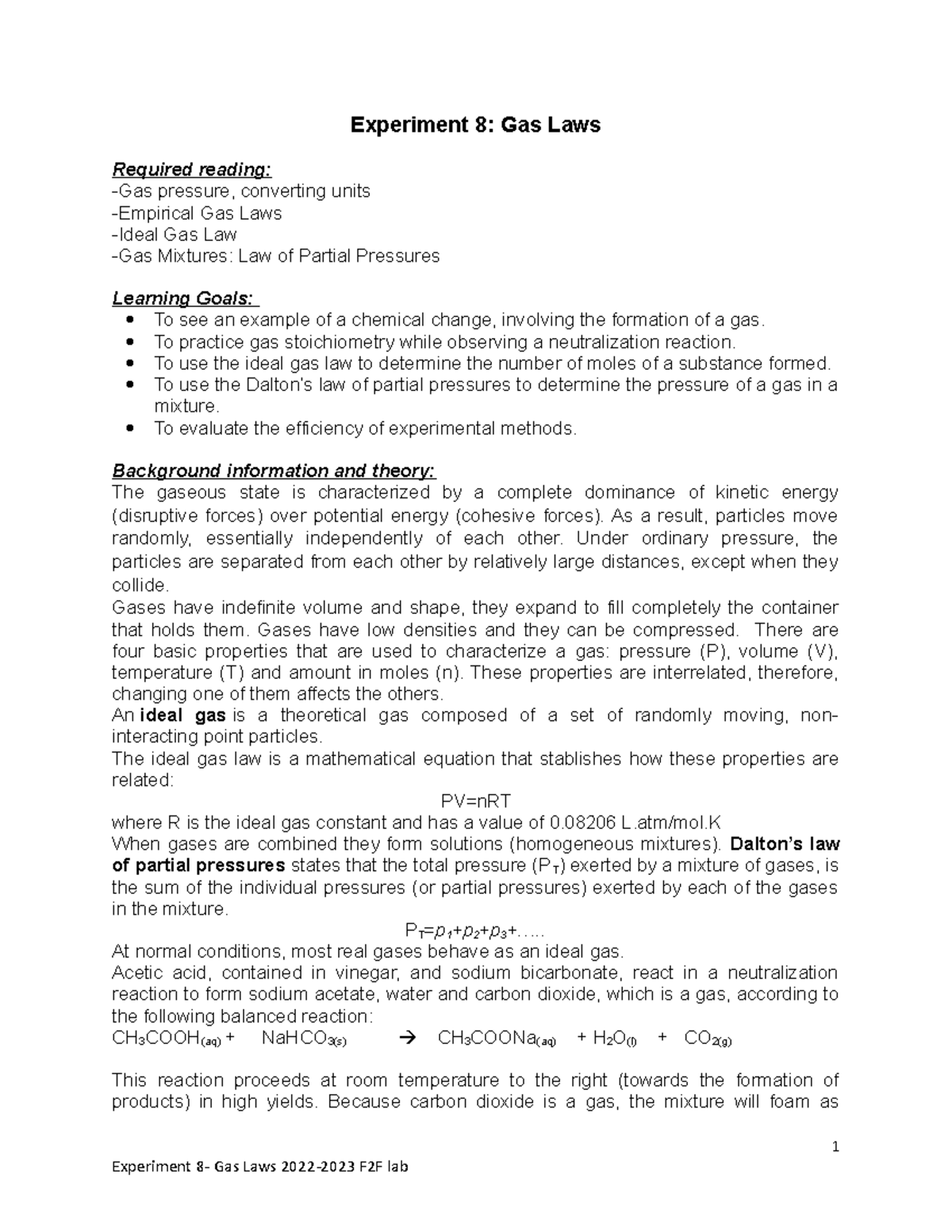 Experiment 8- Gas Laws Fall 2022 F2F - CHEM 1411 - LSC - Studocu