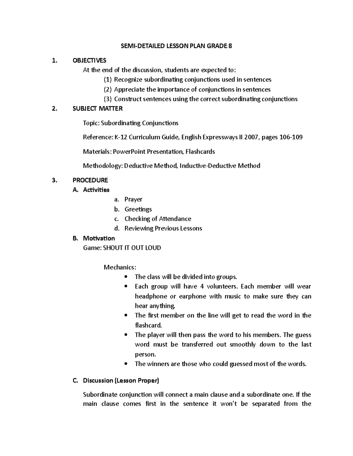 Sudario Prelim Activity - SEMI-DETAILED LESSON PLAN GRADE 8 1 ...