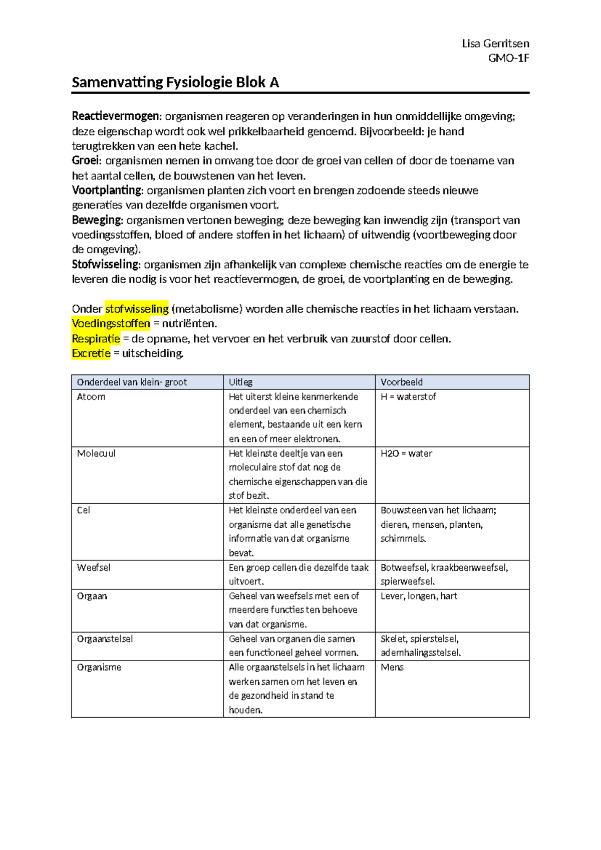 Samenvatting Fysiologie Blok A 1.2 - GMO-1F Samenvatting Fysiologie ...