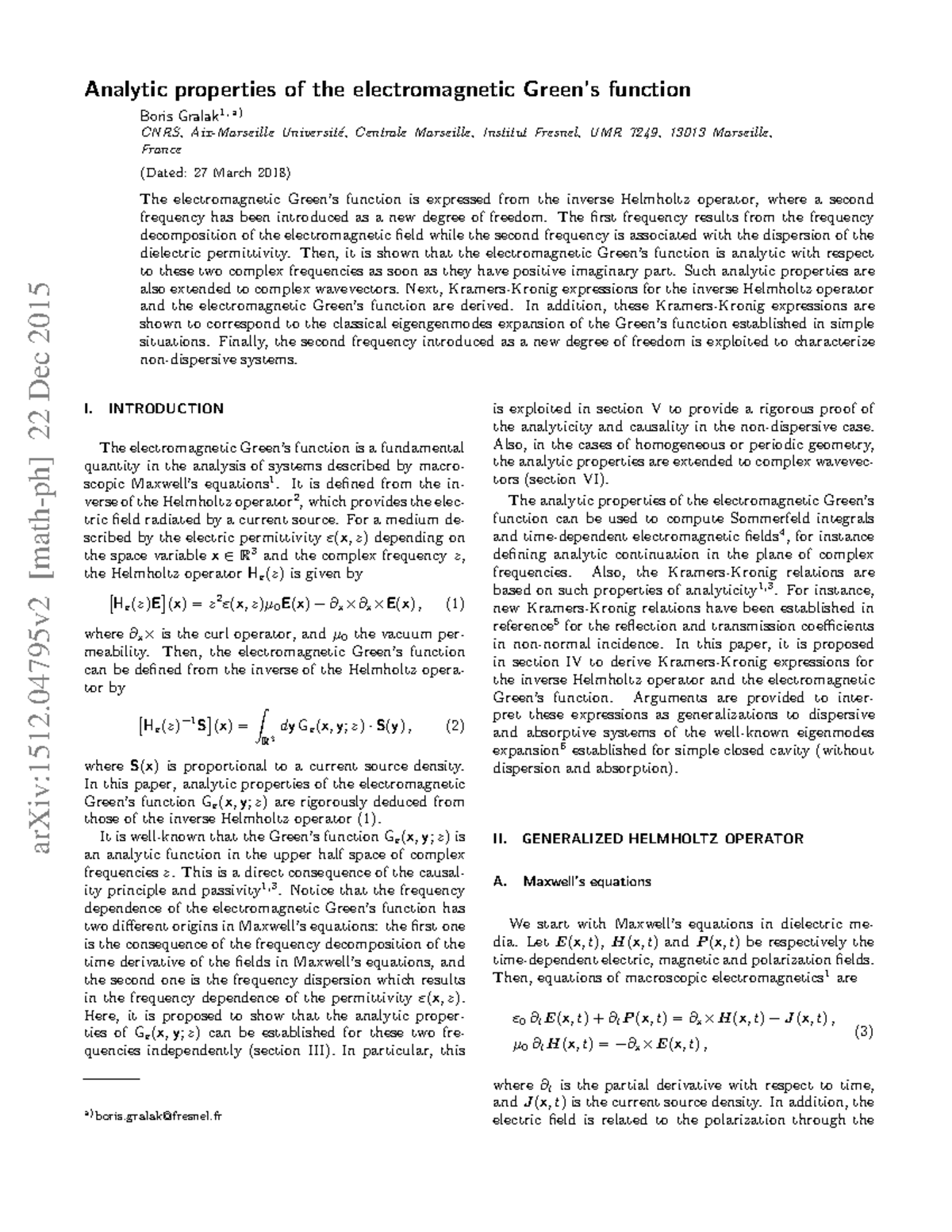 Analytic properties of the electromagnetic Green's function - arXiv:1512 [math-ph] 22 Dec 2015 ...