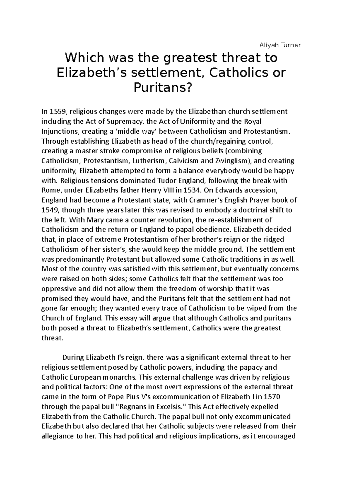 Catholics and Puritans Elizabeth Essay - Aliyah Turner Which was the ...