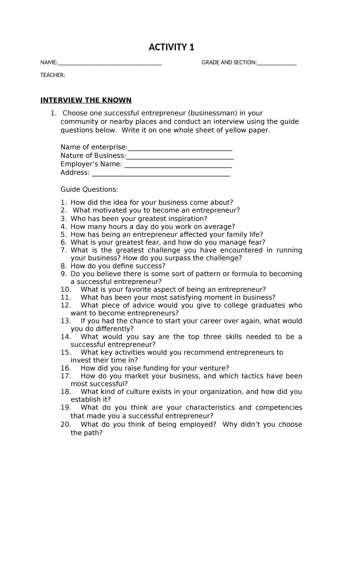 Activity in Entrepreneurship - ACTIVITY 1 NAME ...