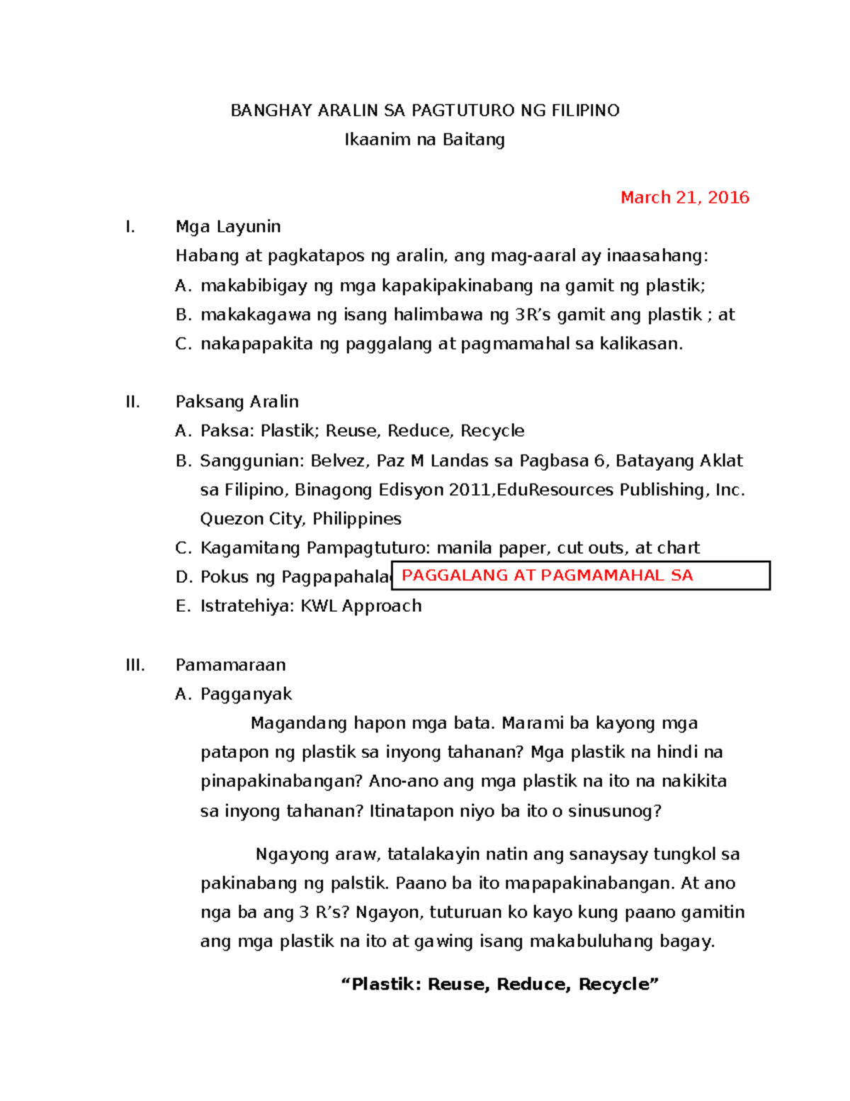 KWL Approach (Plastik; Reduse, Reuse, Recycle) - BANGHAY ARALIN SA ...