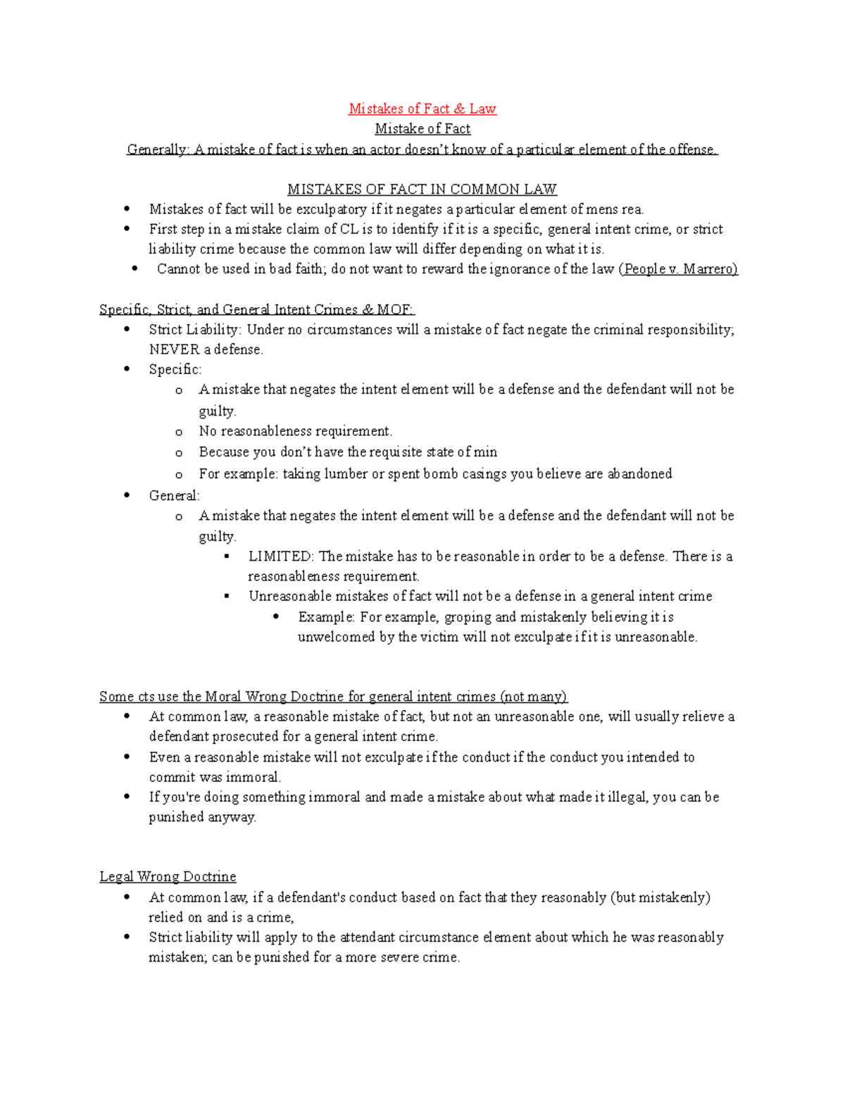 Mistakes of Fact - Outline - Mistakes of Fact & Law Mistake of Fact ...