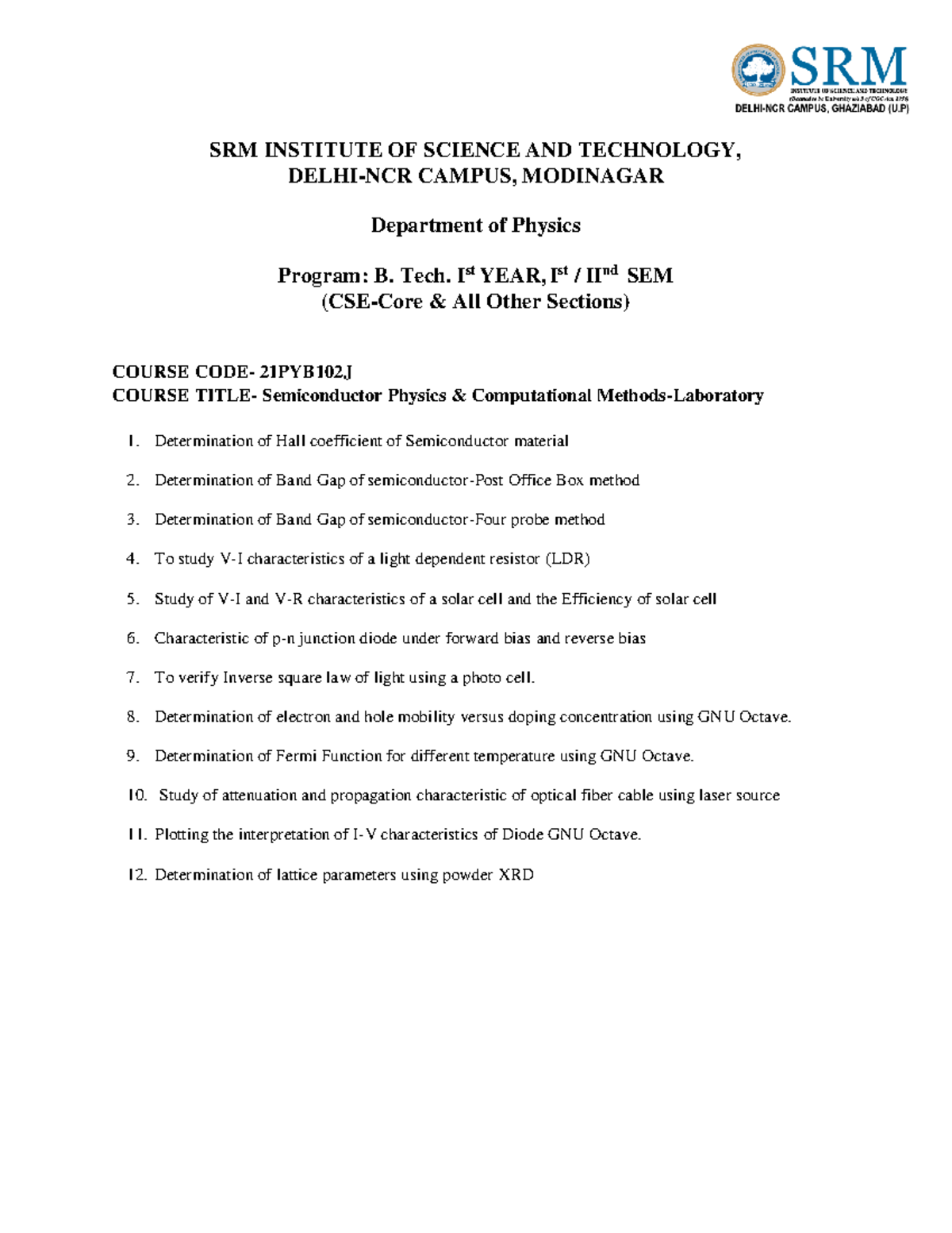 21PYB102J- Semiconductor Physics and Computational Methods Lan Manual - SRM INSTITUTE OF SCIENCE ...