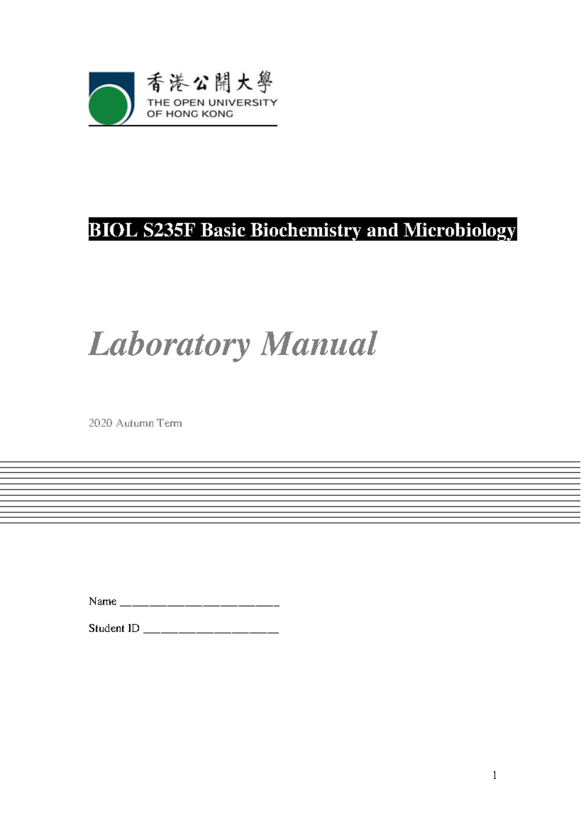 BIOL S235F Lab Manual 2020 a - BIOL S235F Basic Biochemistry and ...