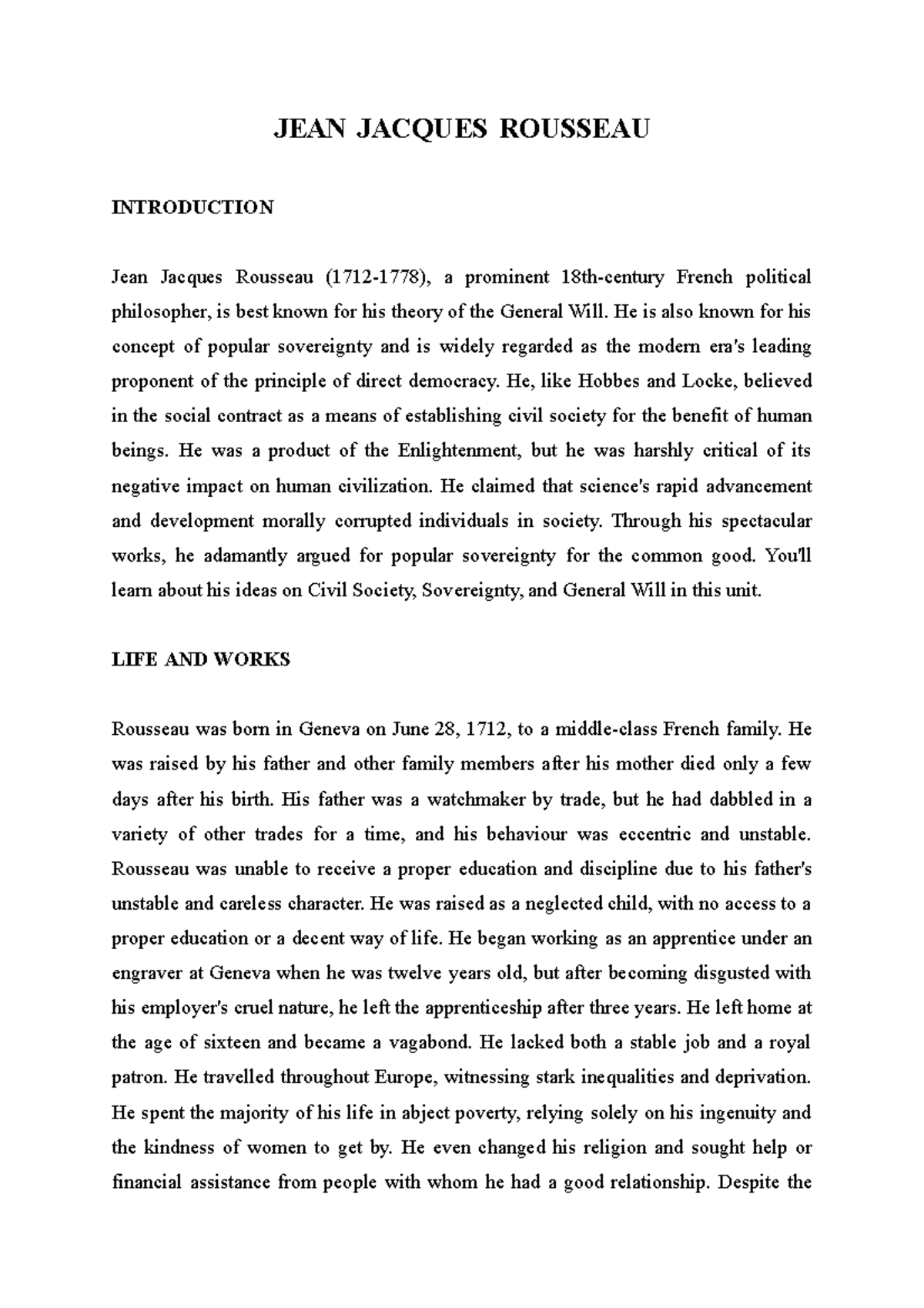 JEAN Jacques Rousseau - Lecture notes 10 - JEAN JACQUES ROUSSEAU ...