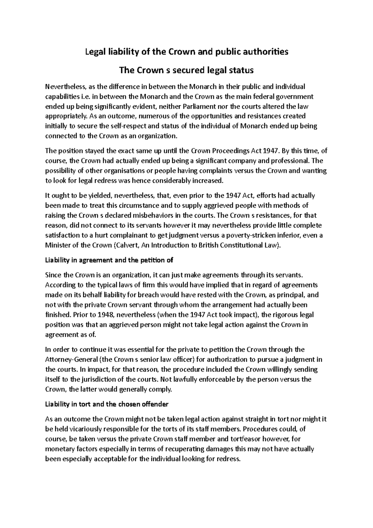 Legal liability of the Crown - in between the Monarch and the Crown as ...
