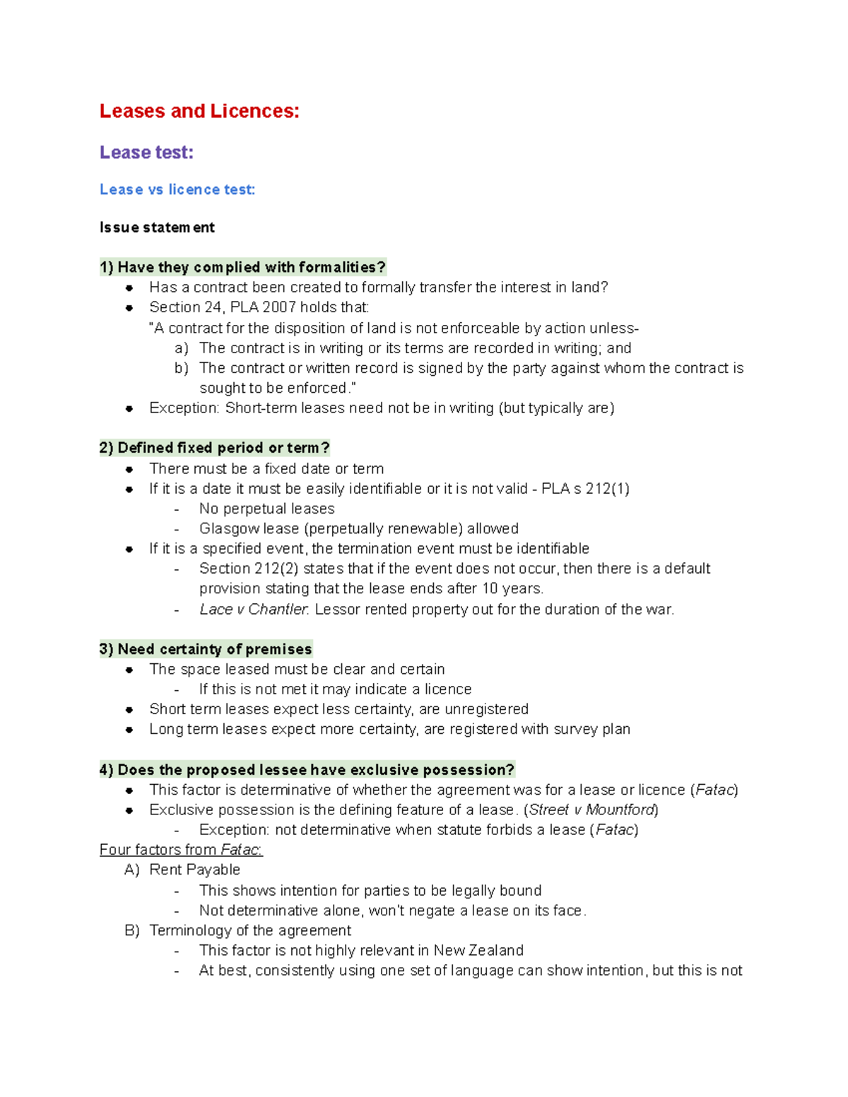 LAWS301 (Property) Bjørn cheat sheet (structures) - Leases and Licences ...