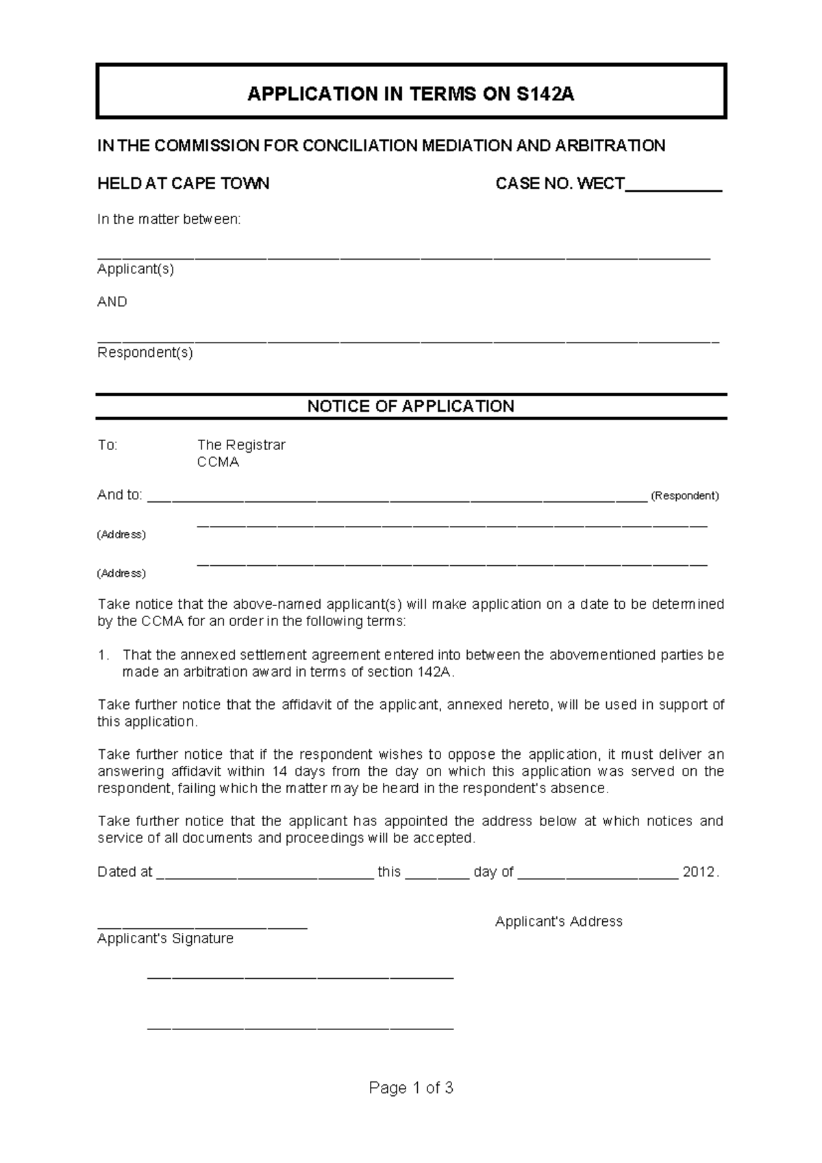 S142A- Application - Page 1 of 3 APPLICATION IN TERMS ON S142A IN THE ...