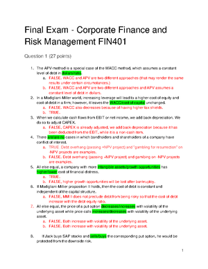 FIN 401 Summary - Chapter 1 - FIN 401 Summary Chapter 1 1. Overview How do corporations fund ...