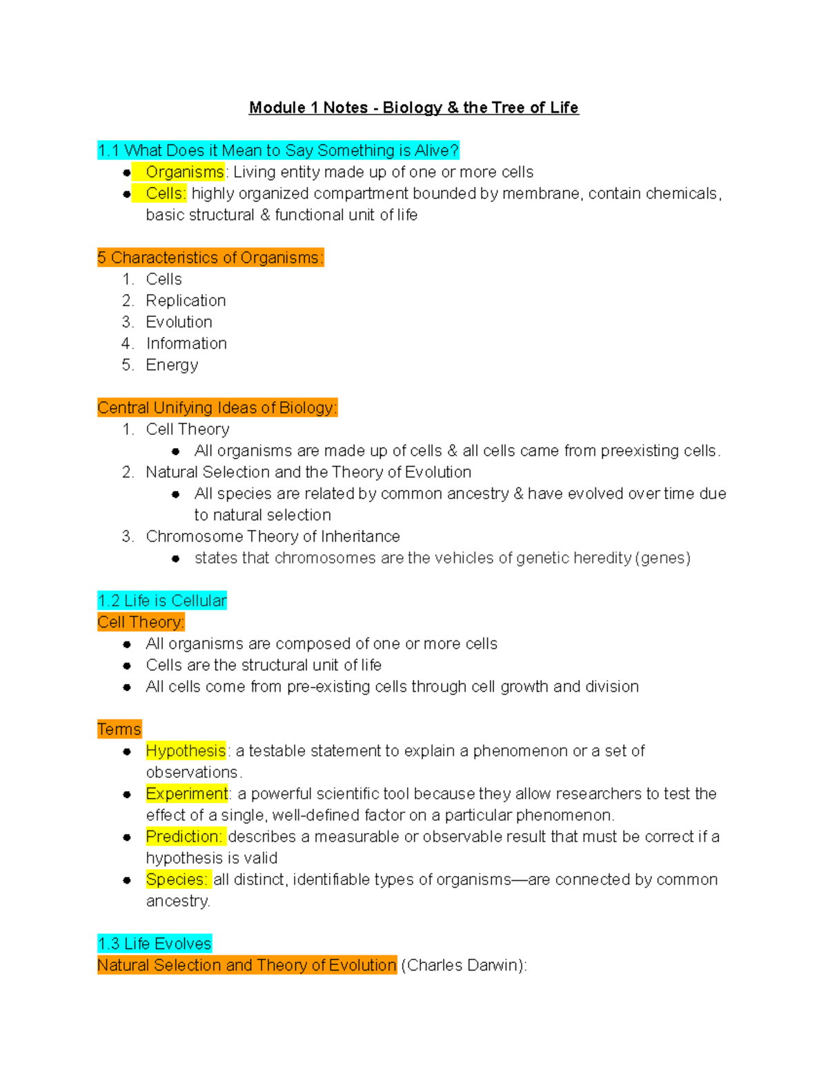 Chapter 1 Notes - Biology & the Tree of Life - Module 1 Notes - Biology ...