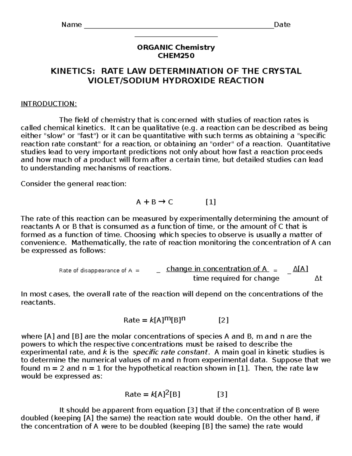 AP Chem Lab - Kinetics of Crystal Violet - Name - Studocu