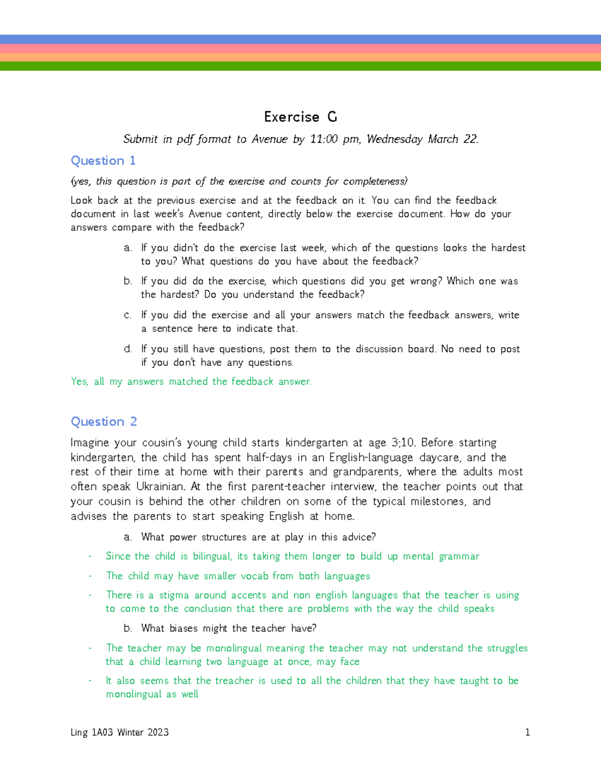 Ling Exercise G - Exercise G Submit in pdf format to Avenue by 11:00 pm ...