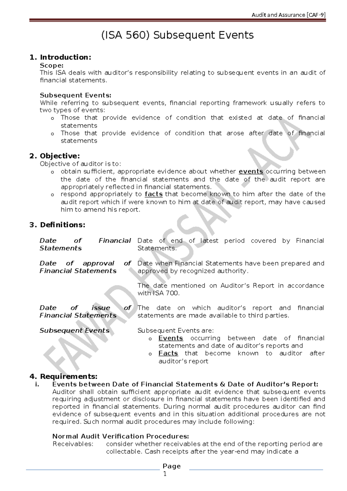 (ISA 560) Subsequent Events - Audit and Assurance [CAF-9] (ISA 560 ...