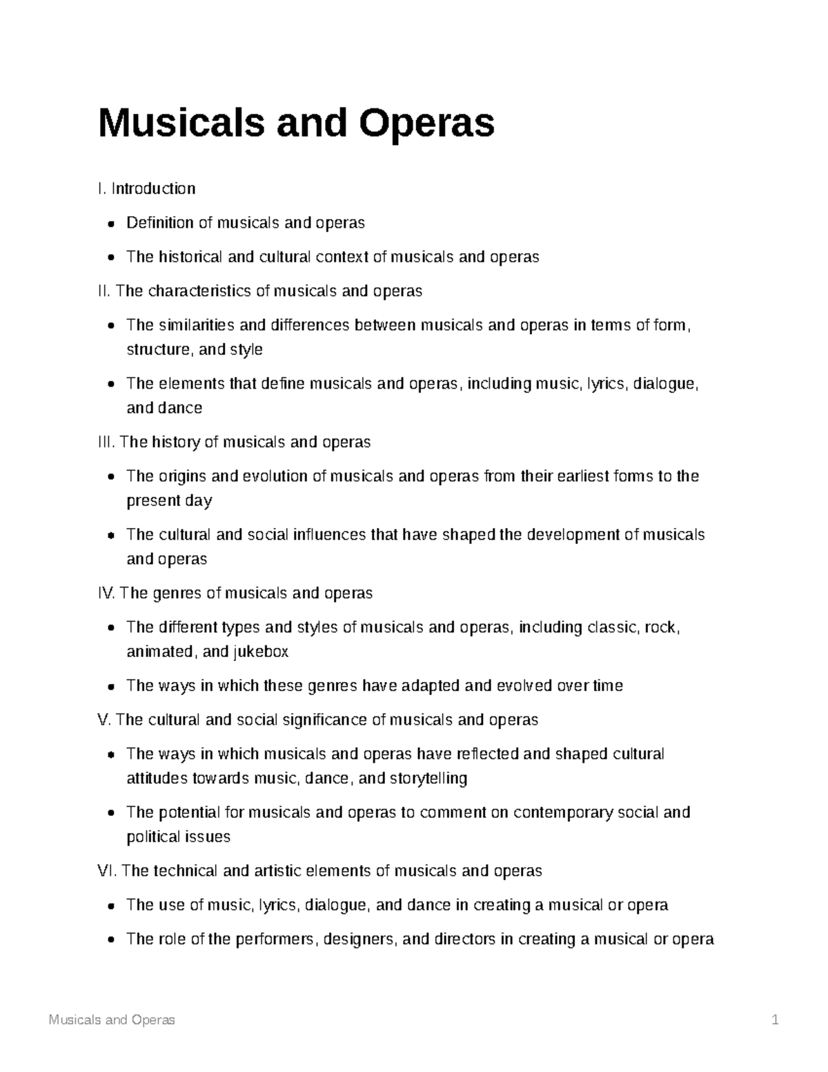Musicals and Operas - Outline - Musicals and Operas 1 Musicals and ...