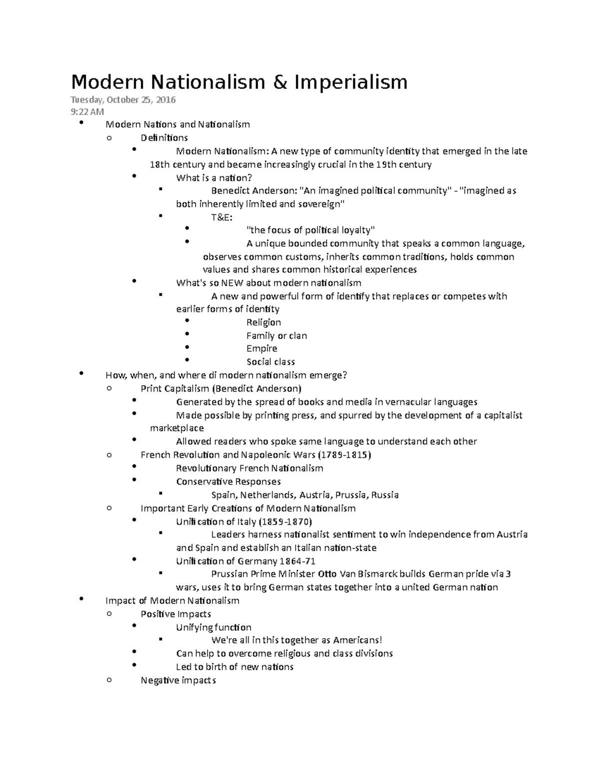 HIST 101 Notes - Modern Nationalism Imperialism Tuesday, October 25 ...