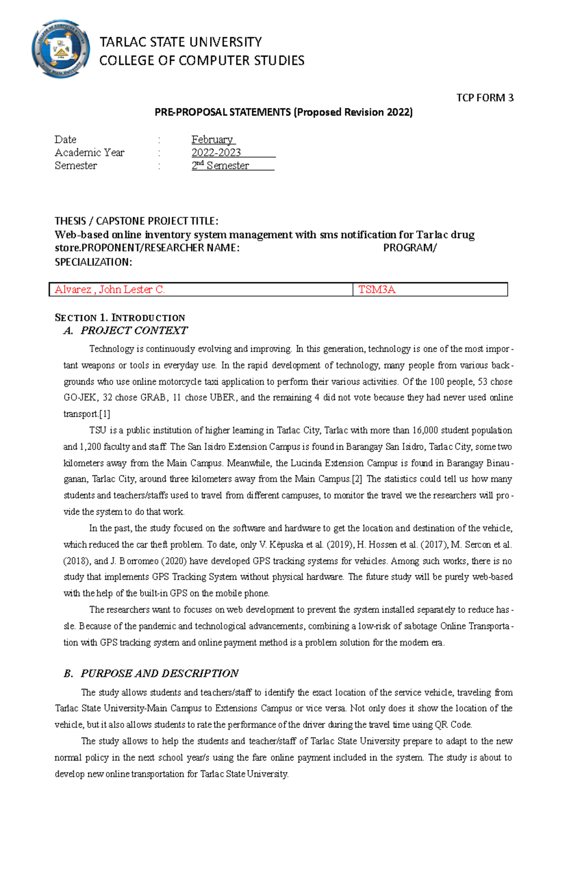 Title 2-Capstone Proposal - COLLEGE OF COMPUTER STUDIES TCP FORM 3 PRE-PROPOSAL STATEMENTS ...