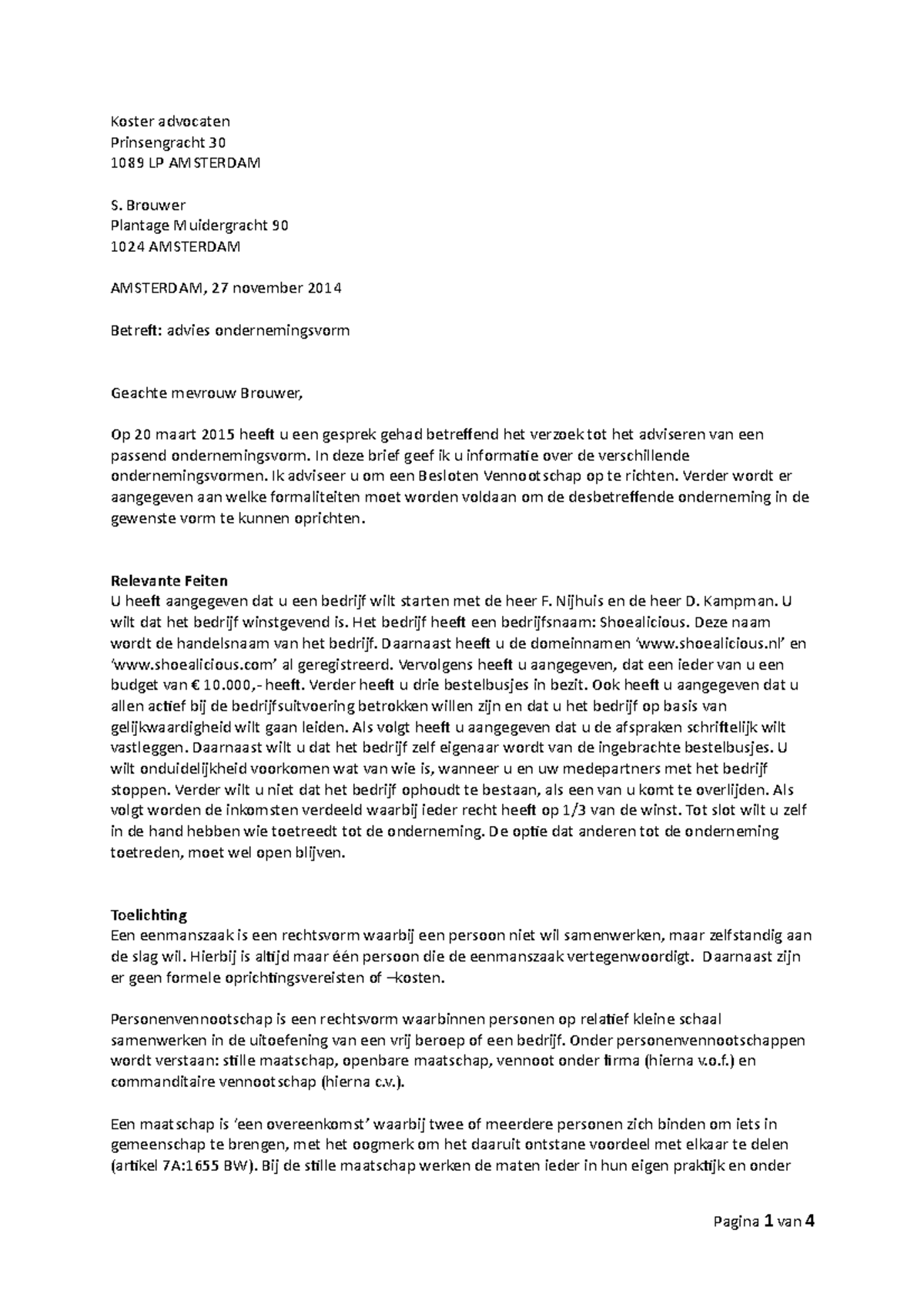 Adviesbrief - Koster advocaten Prinsengracht 30 1089 LP AMSTERDAM S ...