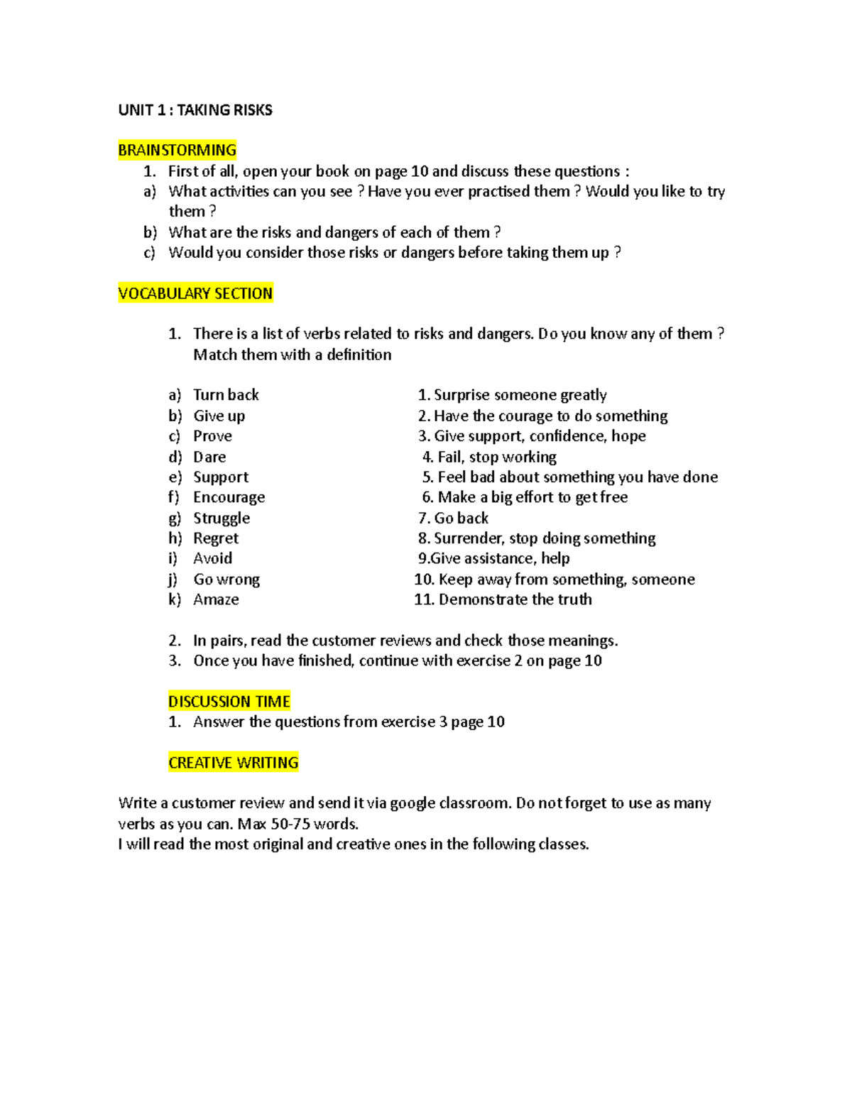 UNIT 1 - prácticas - UNIT 1 : TAKING RISKS BRAINSTORMING First of all ...