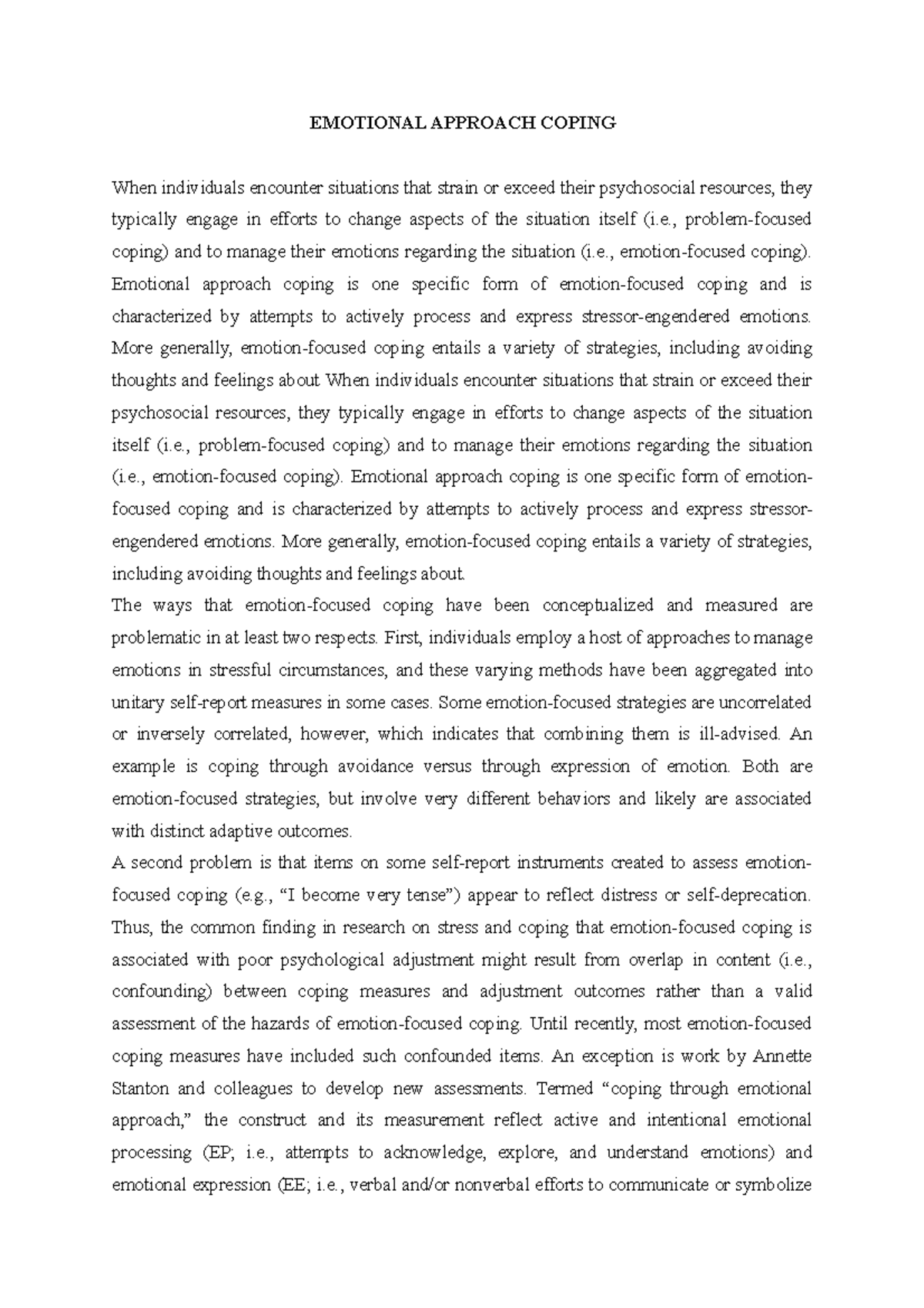 Emotional Approach Coping - EMOTIONAL APPROACH COPING When individuals encounter situations that ...