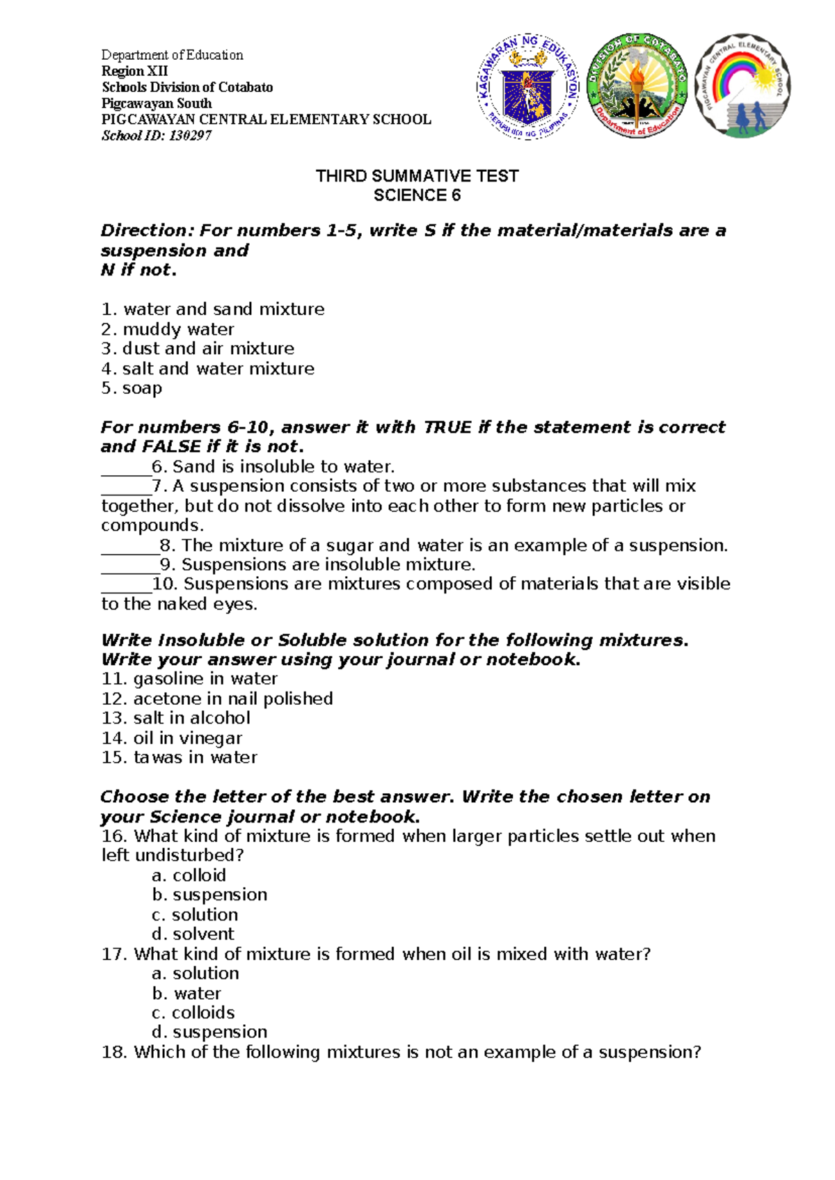 Science - 3rd Assessment - THIRD SUMMATIVE TEST SCIENCE 6 Direction ...