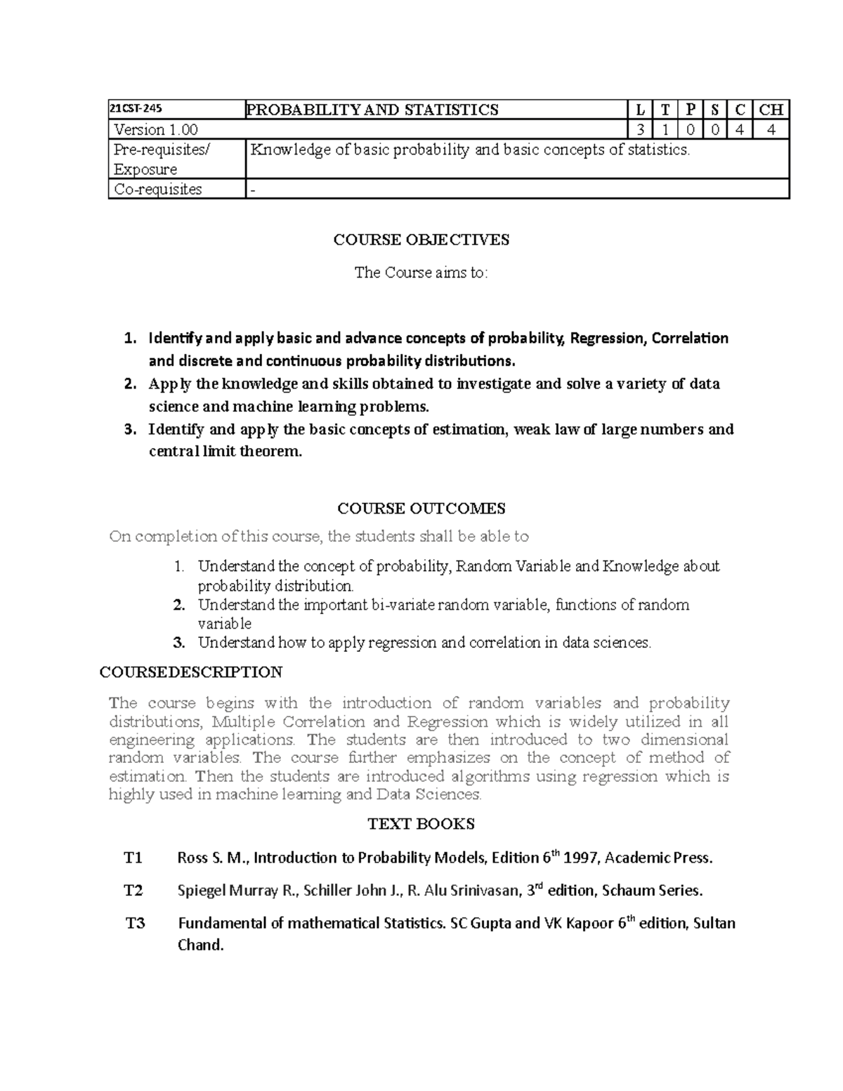 Probability AND Statistics - 21CST-245 PROBABILITY AND STATISTICS L T P ...