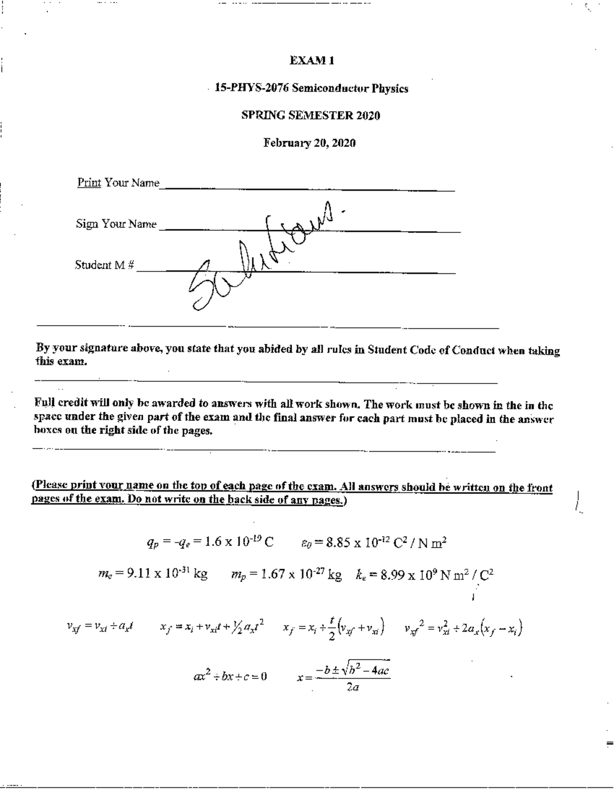 Exam I SS2020 solutions - EXAM 1 Semiconductor Physics SPRING SEMESTER 2020 February 20, 2020 ...