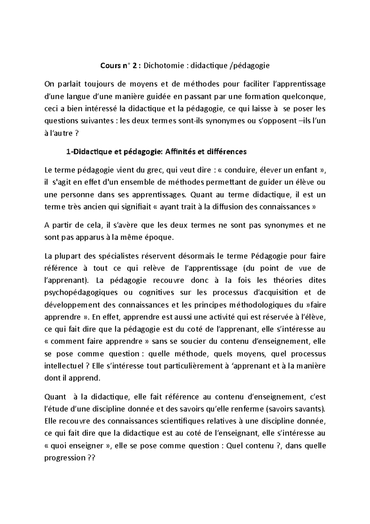 Cours n° 2 Dichotomie didactique pédagogie - Cours n° 2 : Dichotomie ...