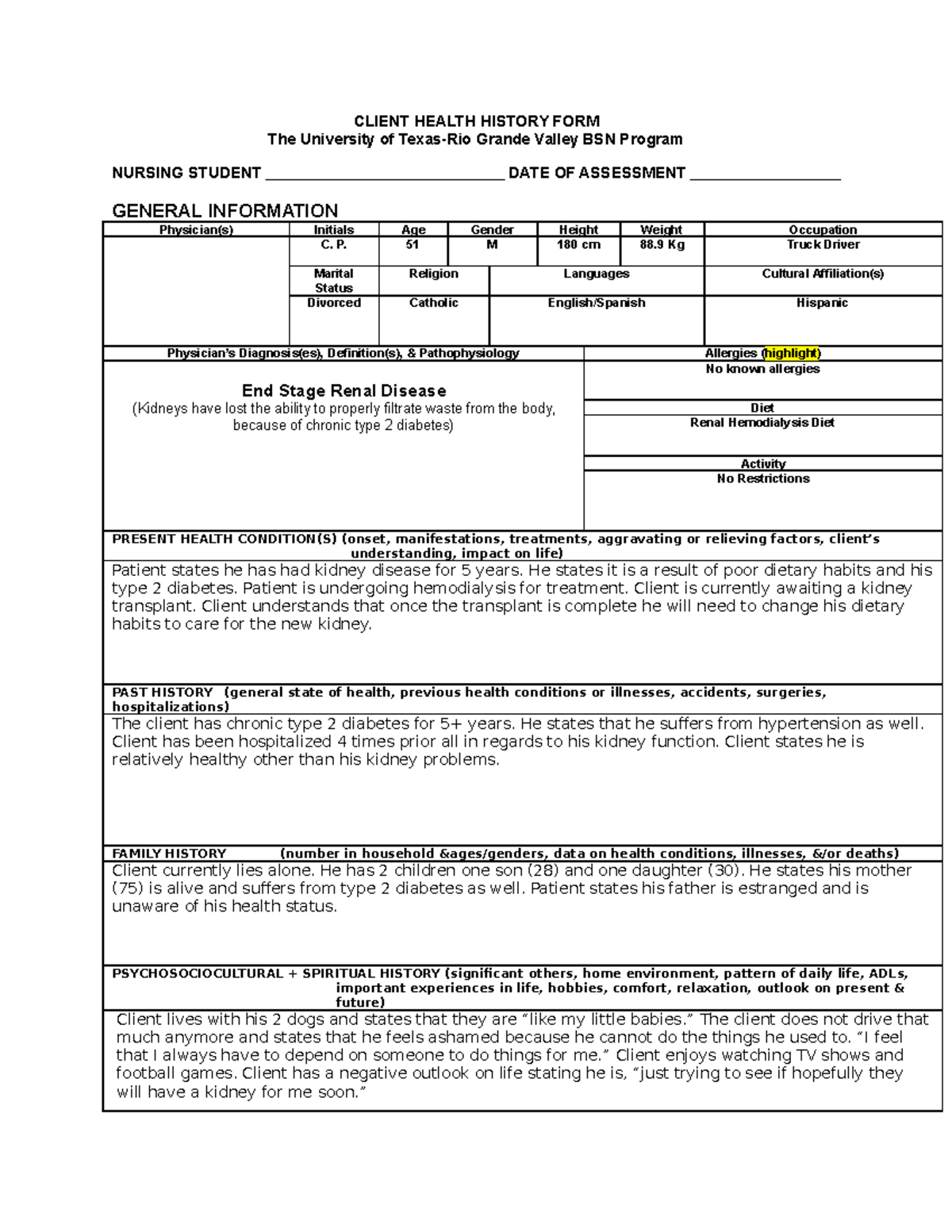 CW4- renal pt 1 - Assignment - CLIENT HEALTH HISTORY FORM The ...