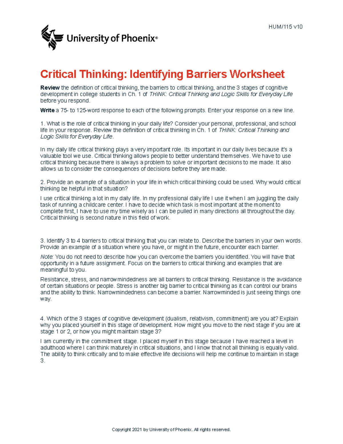 Hum115 v10 wk1 critical thinking identifying barriers worksheet - HUM ...