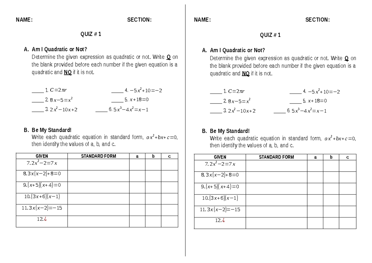 QUIZ # 1 Standard FORM - Quiz for Grade nine - NAME: SECTION: QUIZ # 1 ...