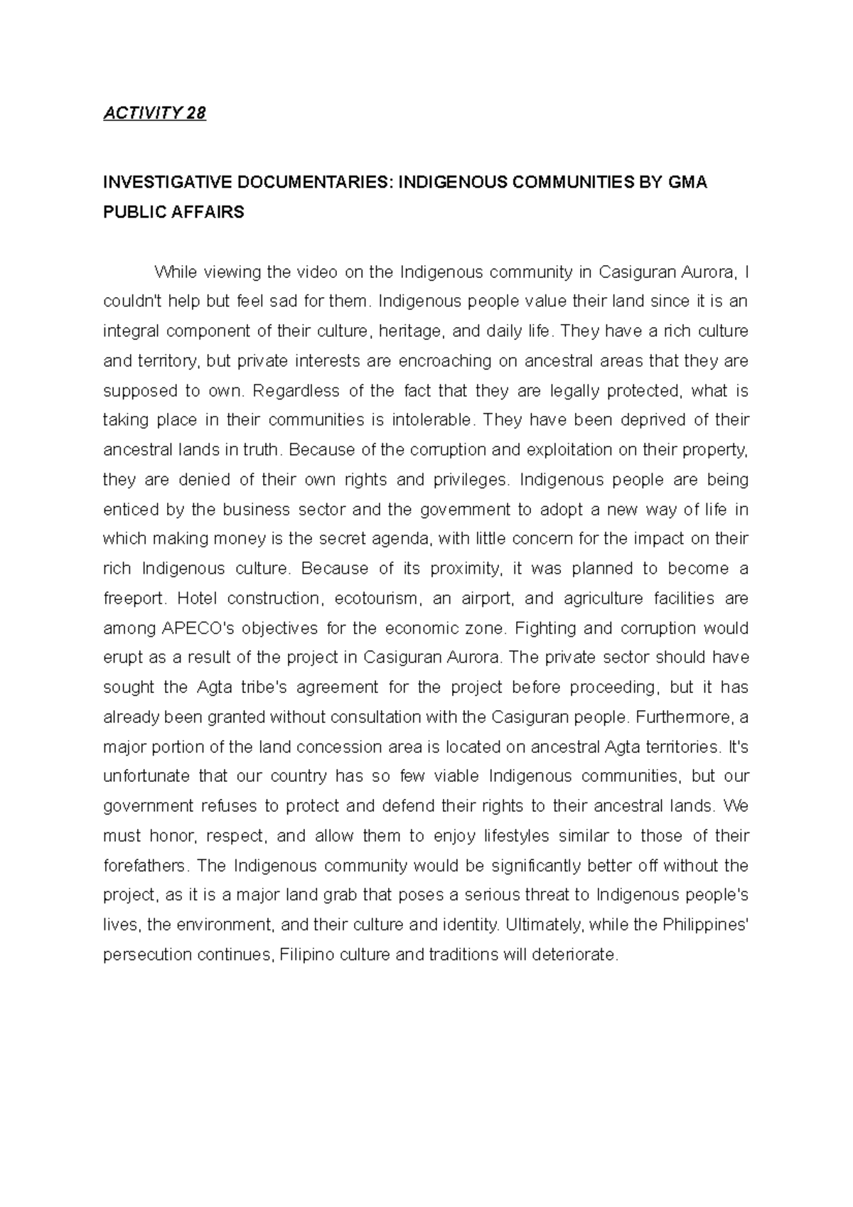 Activity 28 Investigative Documentaries Indigenous Communities BY GMA ...