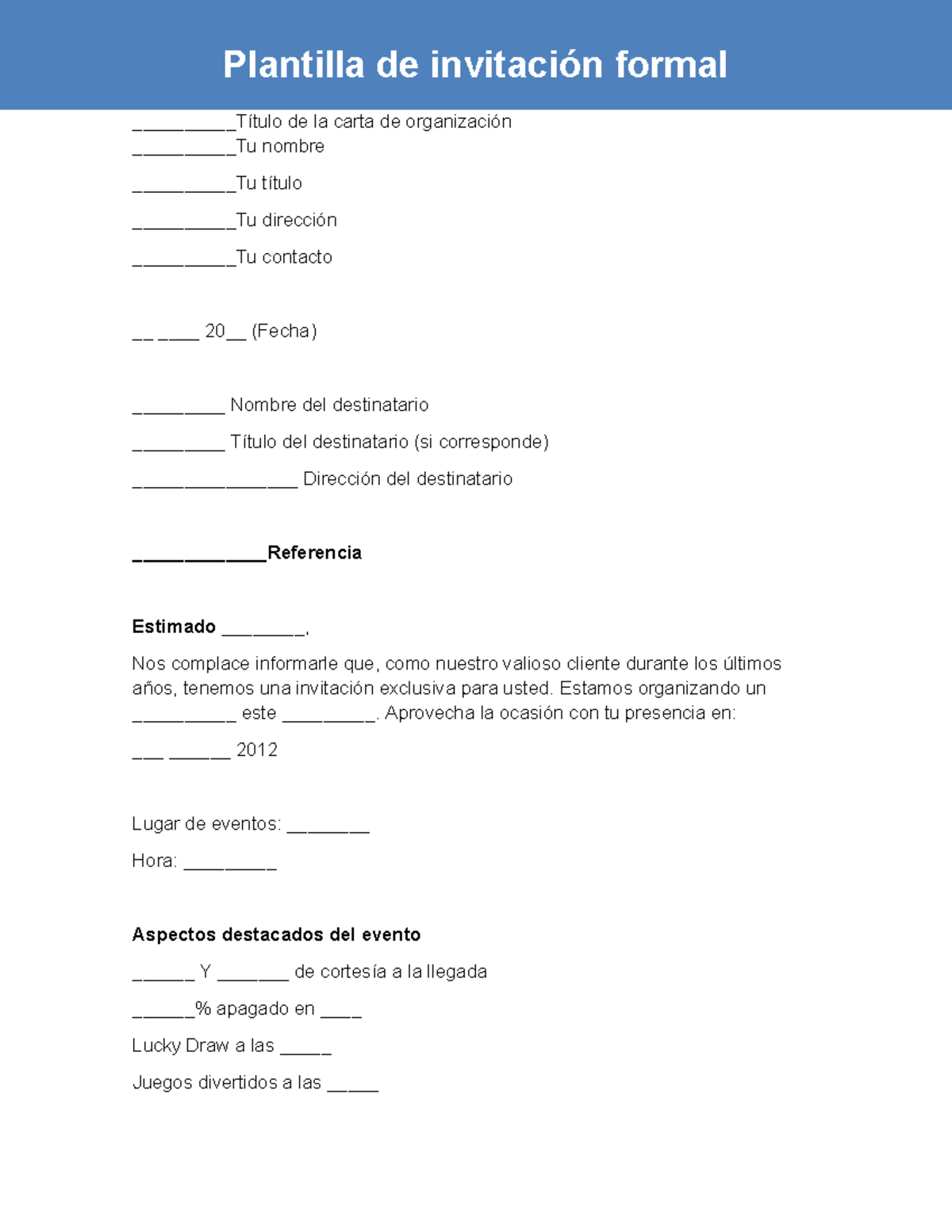 Plantilla de invitacion formal - __________Título de la carta de ...