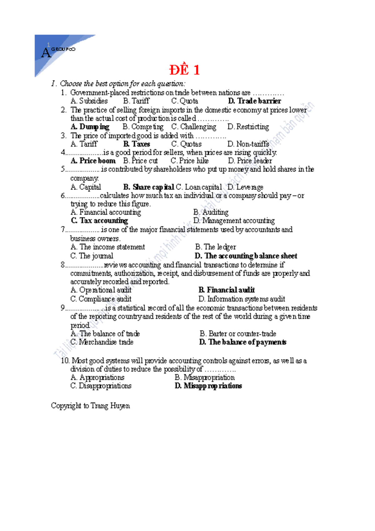 Đề thi TACN 2 - gôd - Đề thi TACN 2 - GROUPcO A ĐỀ 1 I. Choose the best option for each question ...