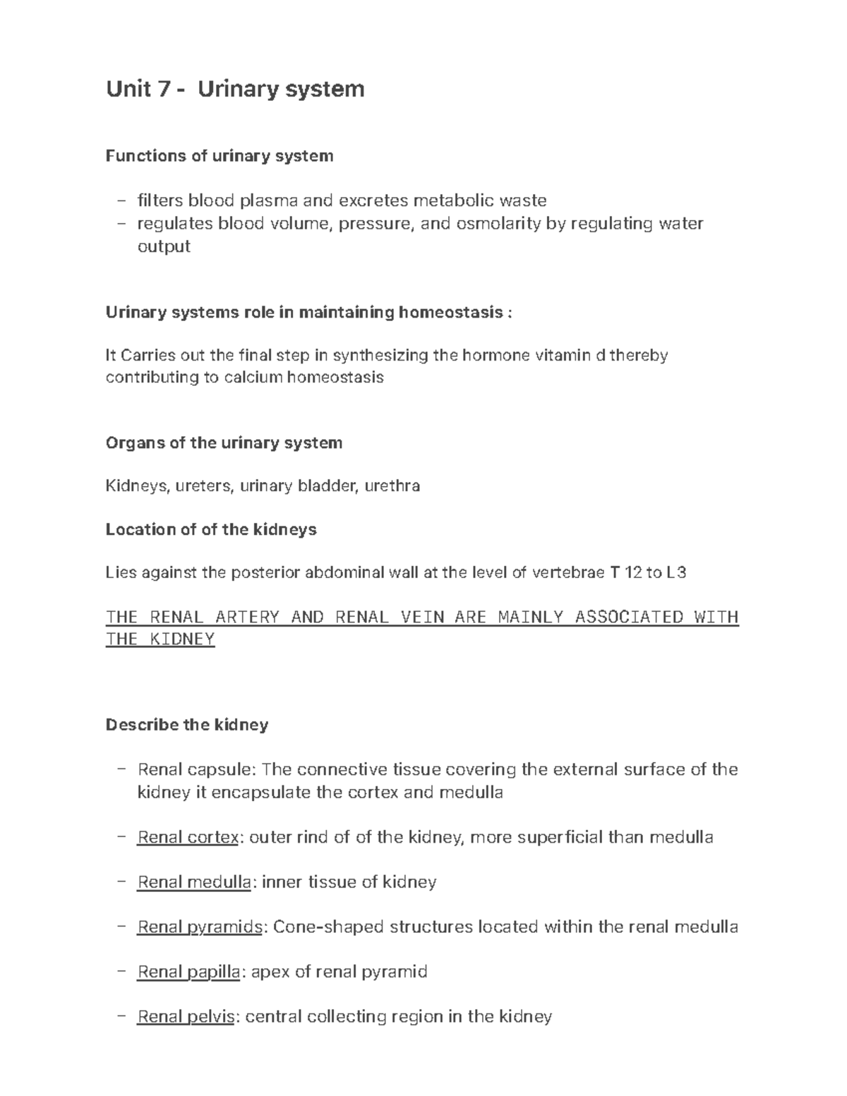 Unit 7 - Urinary system - Unit 7 anatomy notes - – – – – – – – – Unit 7 ...