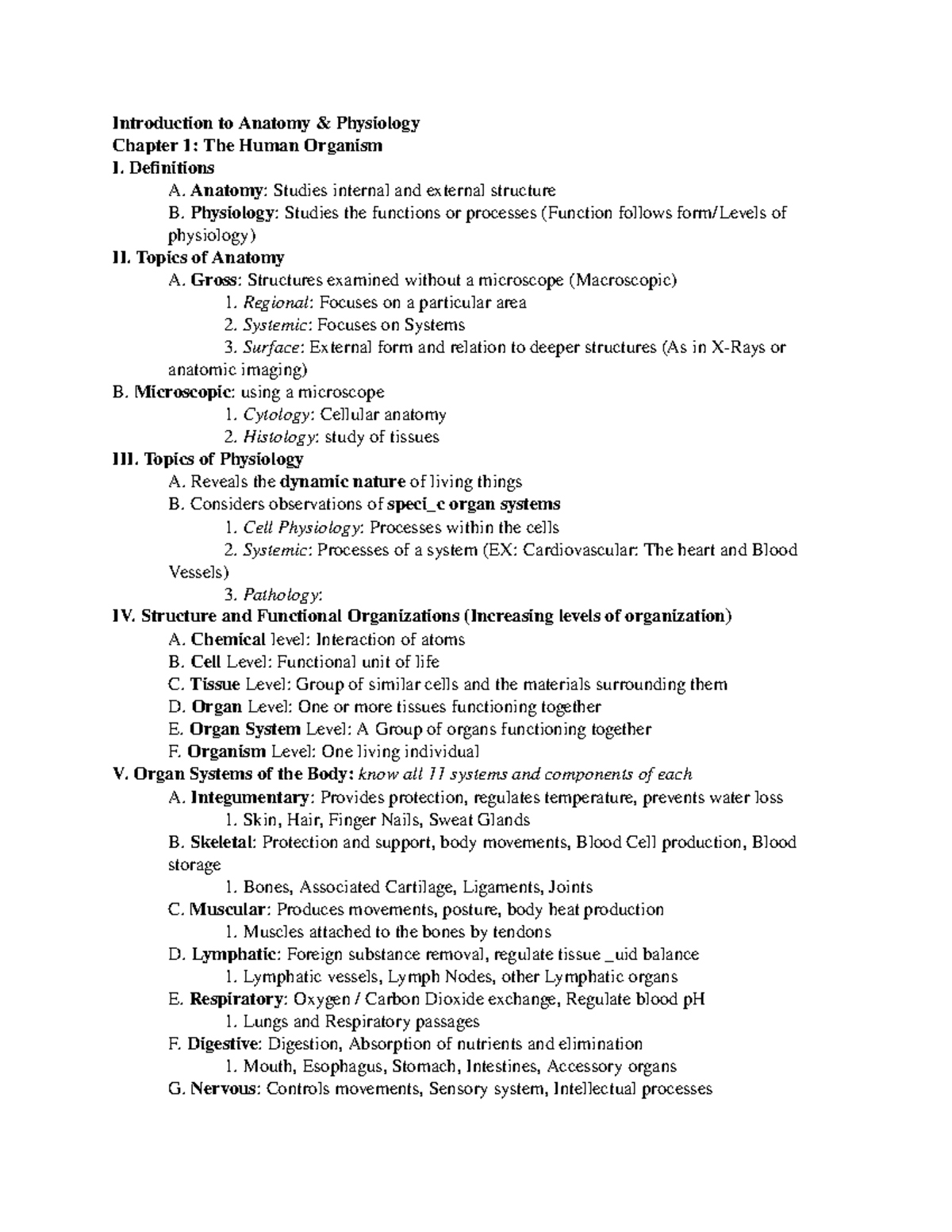 Anatomy outline - Introduction to Anatomy & Physiology Chapter 1: The ...