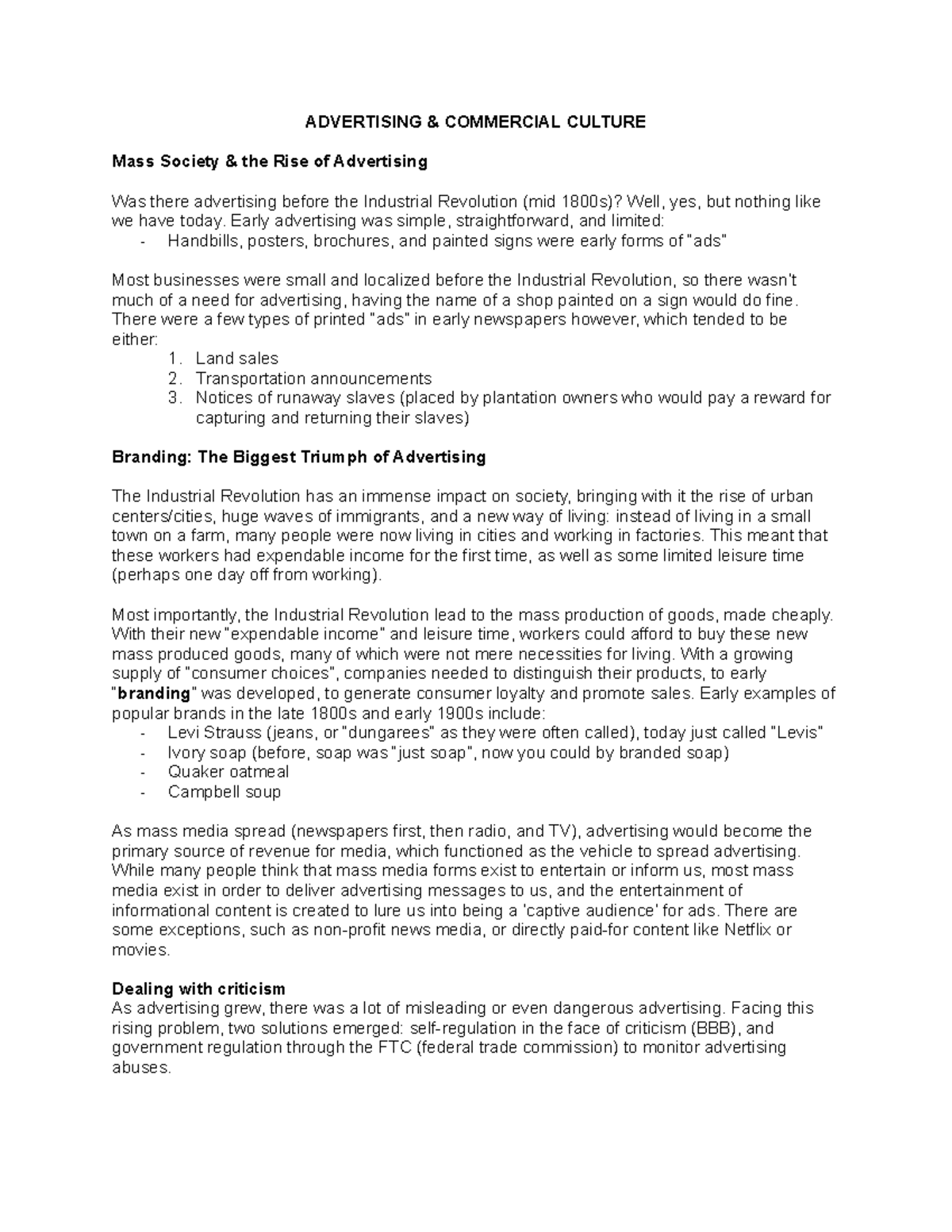 Advertising - Notes for Students - ADVERTISING & COMMERCIAL CULTURE ...